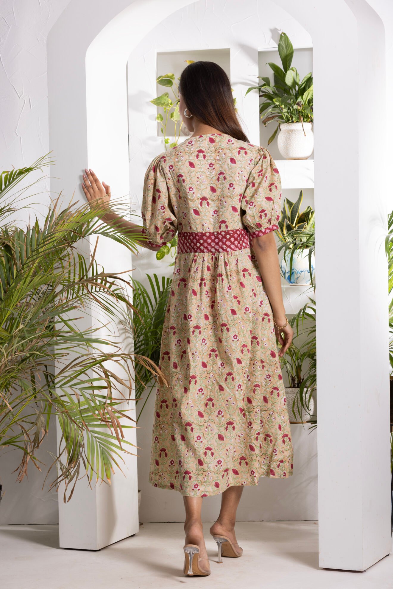 Hand Block Printed Border Waistline Flare Dress - Wovenkala