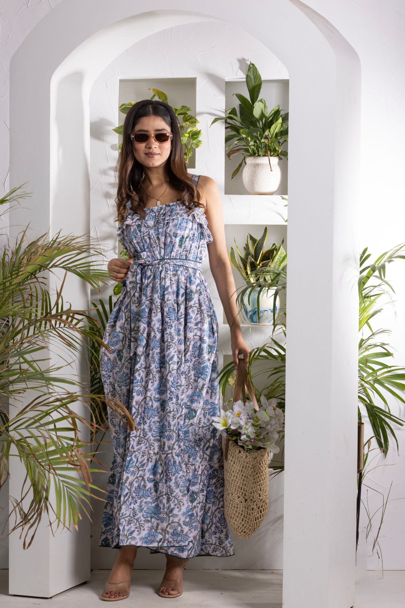 Hand Block Printed Cami Summer Dresses With Ruffles Blouse - Wovenkala